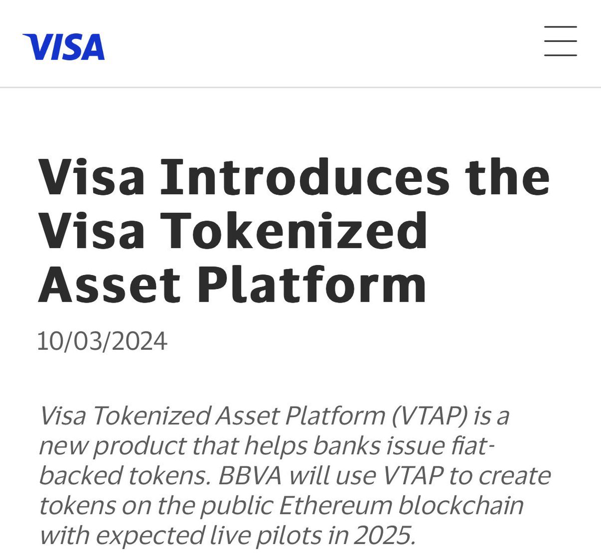 Visa to Launch Tokenized Asset Platform on Ethereum Blockchain, Pilots ...
