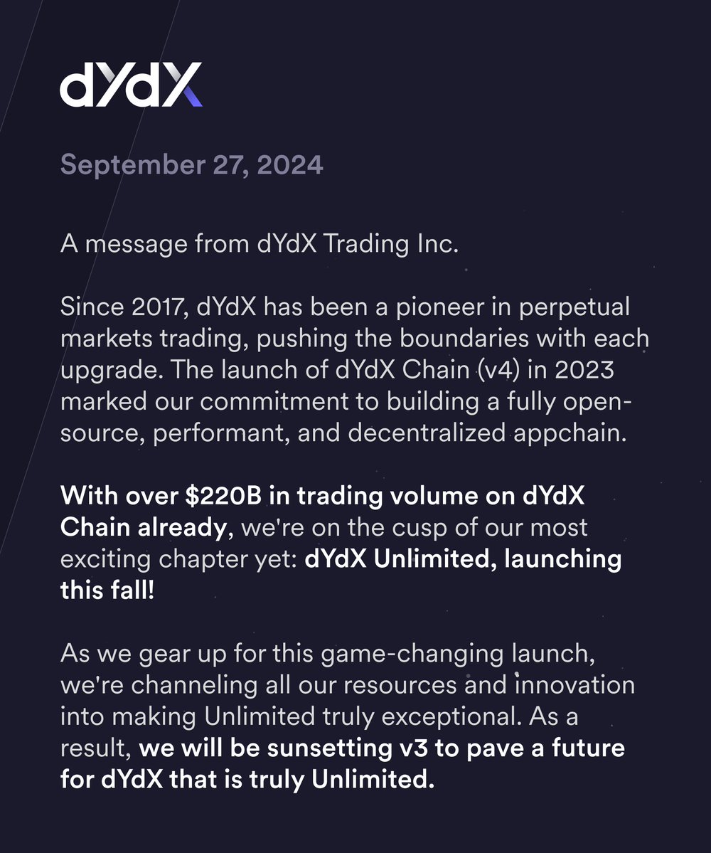dYdX Trading to Sunset v3 Platform on October 28, 2024, Marking Start of 'Unlimited Era' - "The ...