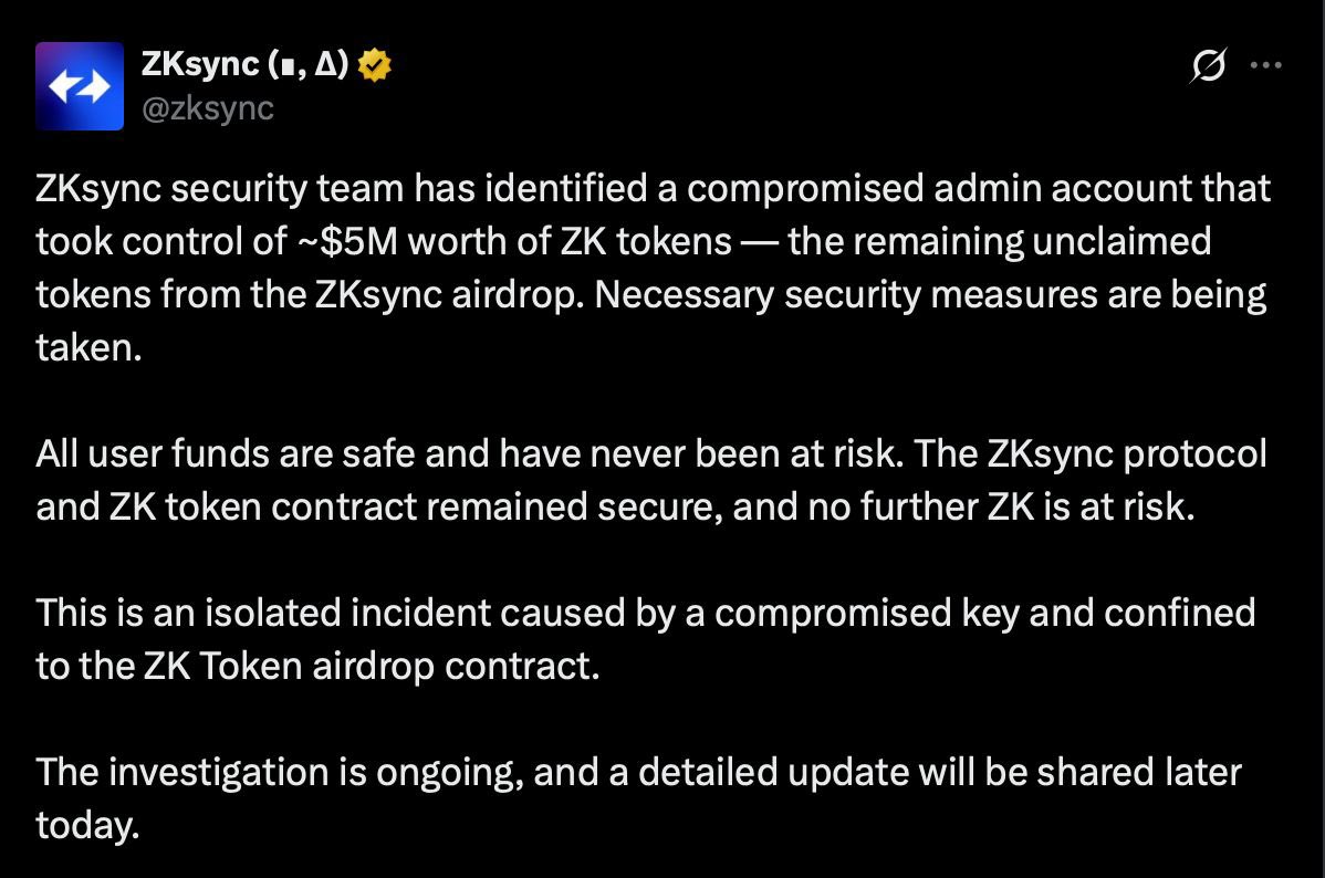 ZKsync Reports $5M ZK Tokens Stolen via Private Key Compromise, $ZK Drops 15% - "The Defiant"