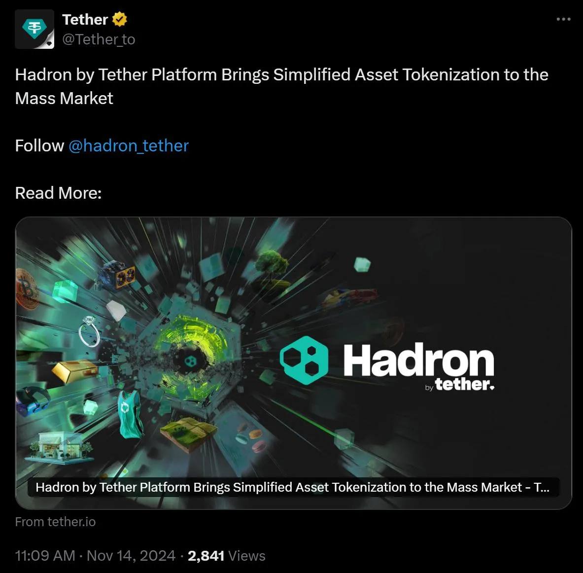 Tether Launches Hadron Platform as a Service to Simplify Asset Tokenization - "The Defiant"