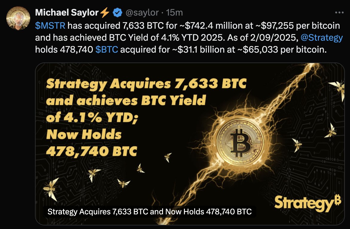Michael Saylor's Strategy Buys 7,633 Bitcoins at $97,255 Each, Total Holdings Now 478,740 BTC ...